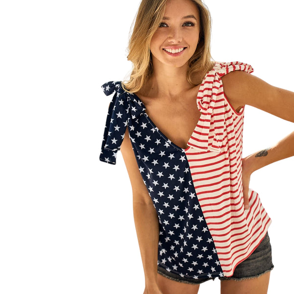 American Flag V Neck Top with Shoulder Ribbon Ties (Each) – Mardi Gras Spot